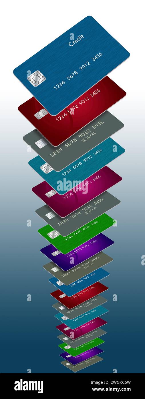 A long curving stack of credit cards or debit cards are isolated on a ...