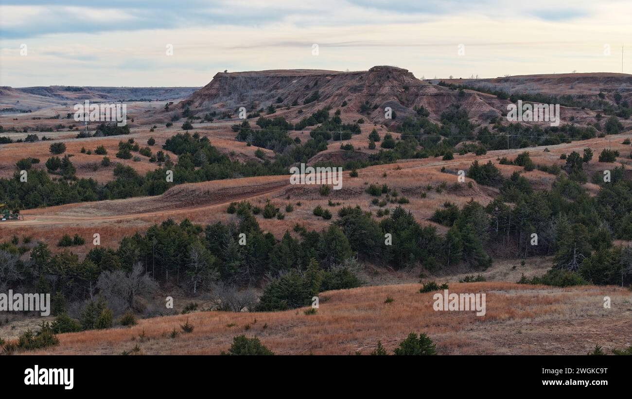 A landscape with rolling hills, trees, and clouds in the sky Stock ...