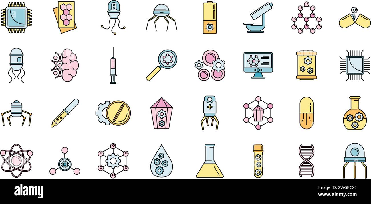 Nanotechnology science icons set. Outline set of nanotechnology science ...
