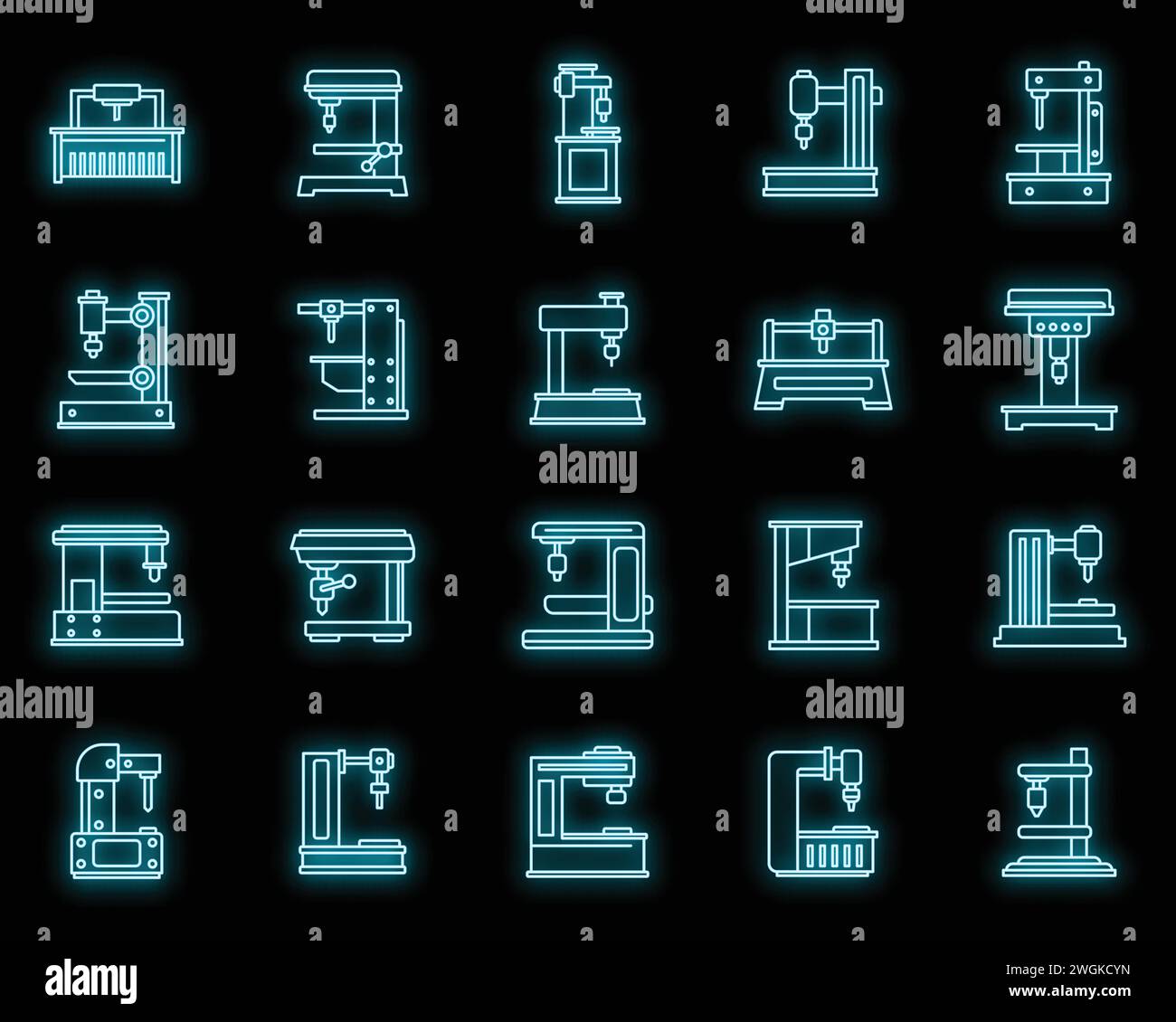 Milling Machine device icons set. Outline set of Milling Machine device vector icons neon color ...