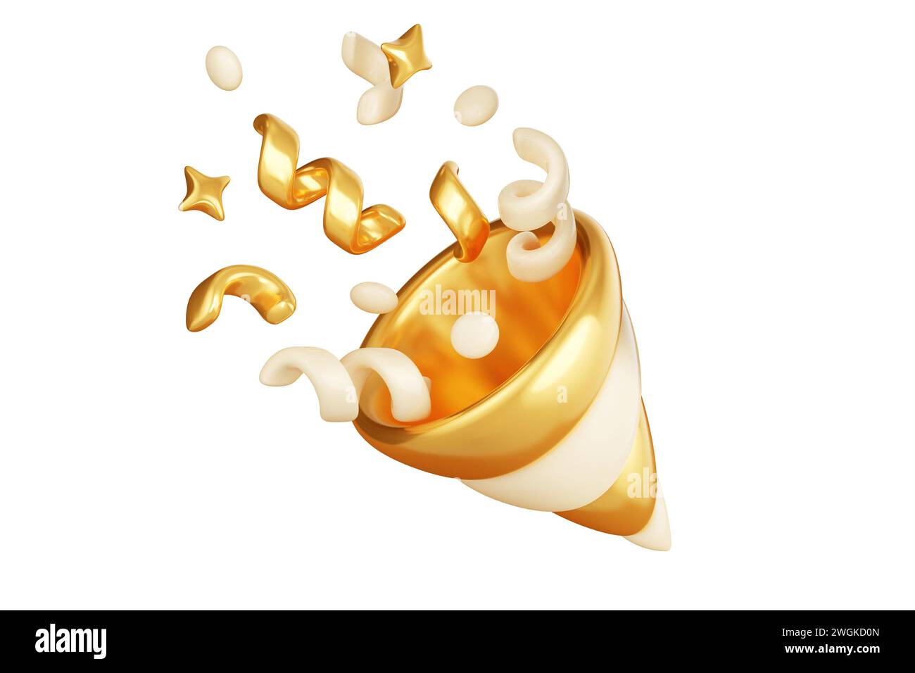 Golden party popper with confetti streamer and star 3d render ...