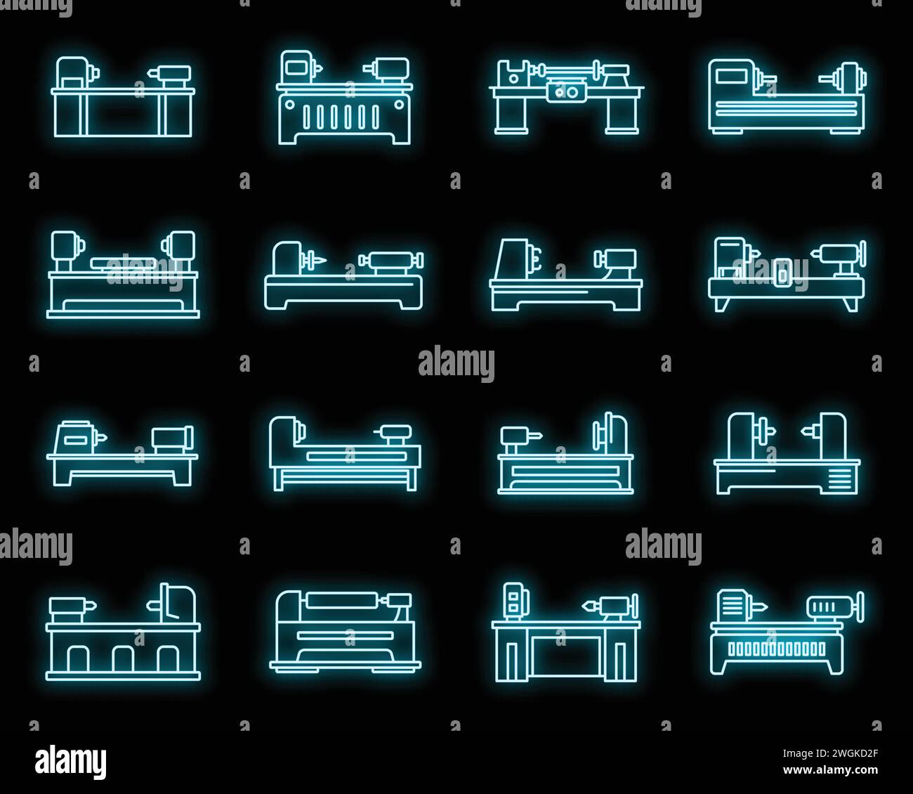 Lathe drilling icons set. Outline set of lathe drilling vector icons neon color on black Stock ...
