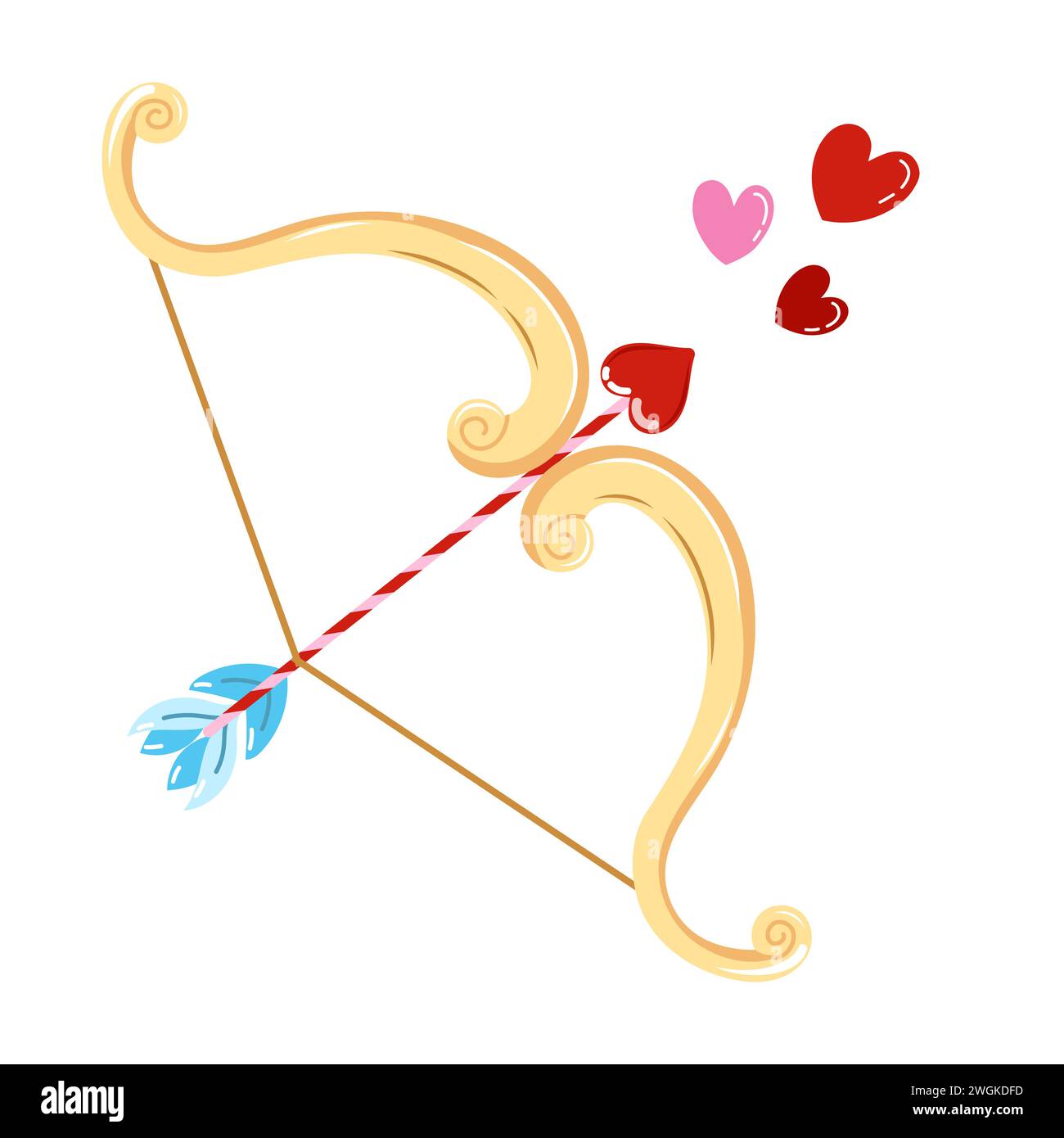 Hand drawn vector illustration of Cupid's bow with arrow and hearts. Romantic color doodle ...