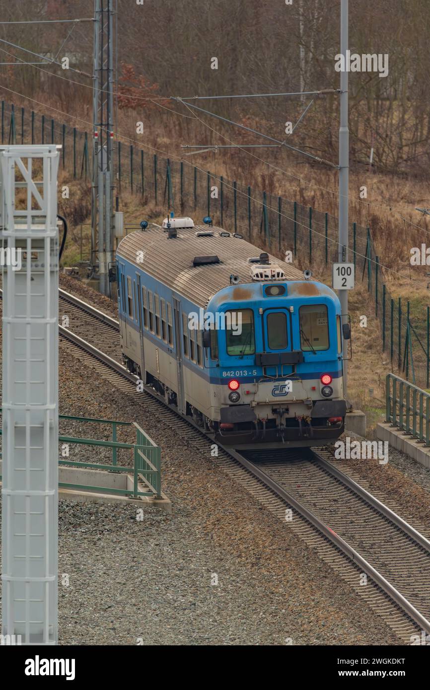 Modern blue trains near the longest tunnel in Czech republic in Plzen ...