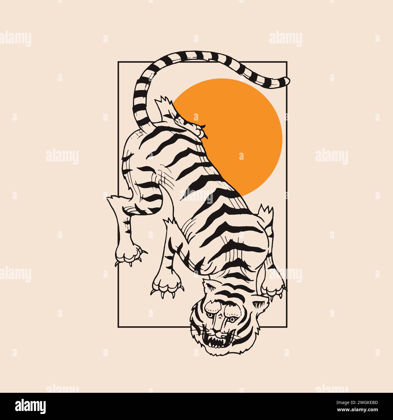 Japanese tiger against the background of the sun. Asian Wild animal ...