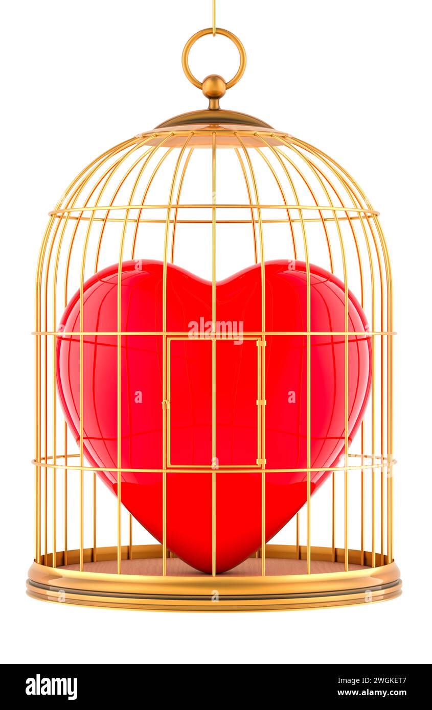 Red heart inside bird cage, 3D rendering isolated on white background ...