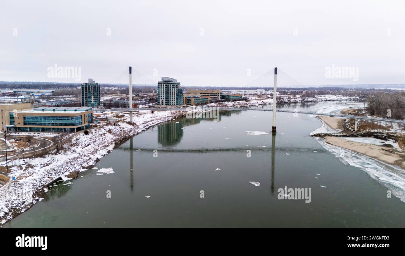 Aerial photograph of the the Bob Kerrey Bridge that spans the Missouri ...