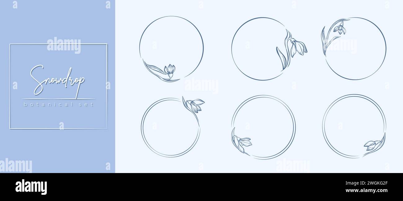 Botanical snowdrop flower circle frame set. Hand drawn round line ...