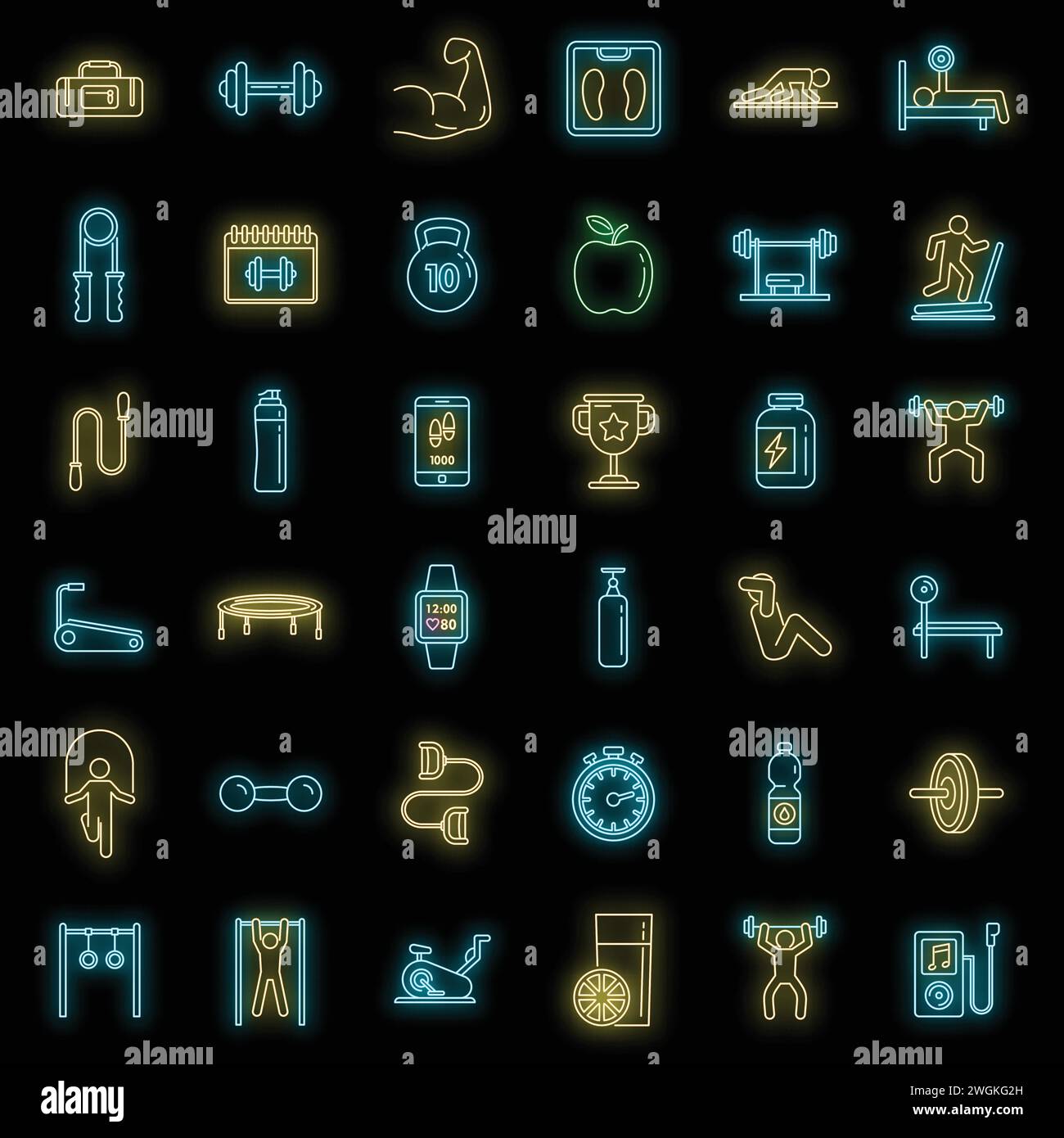 Morning gym time icons set. Outline set of morning gym time vector ...