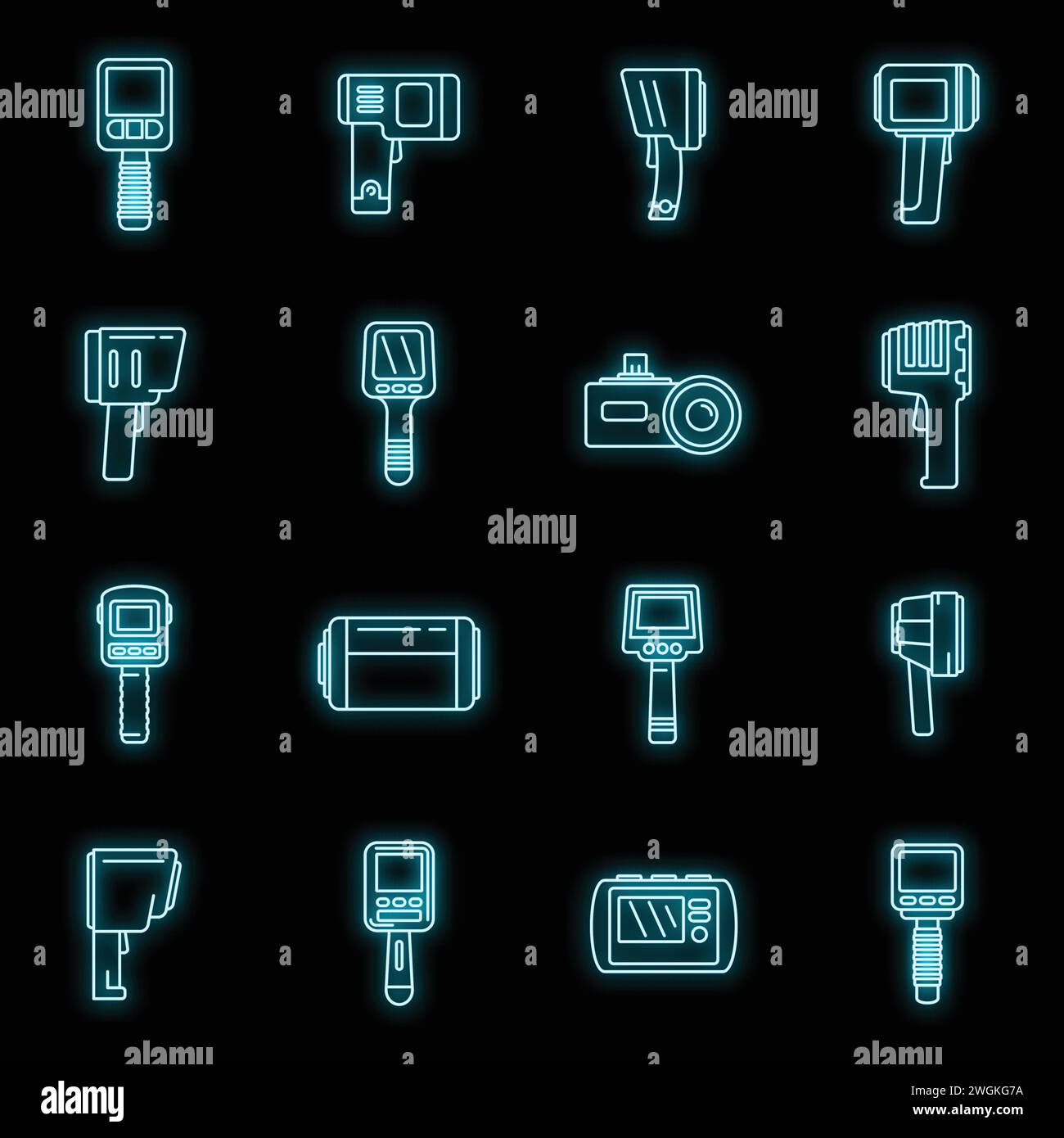 Thermal imager device icons set. Outline set of thermal imager device vector icons neon color on ...