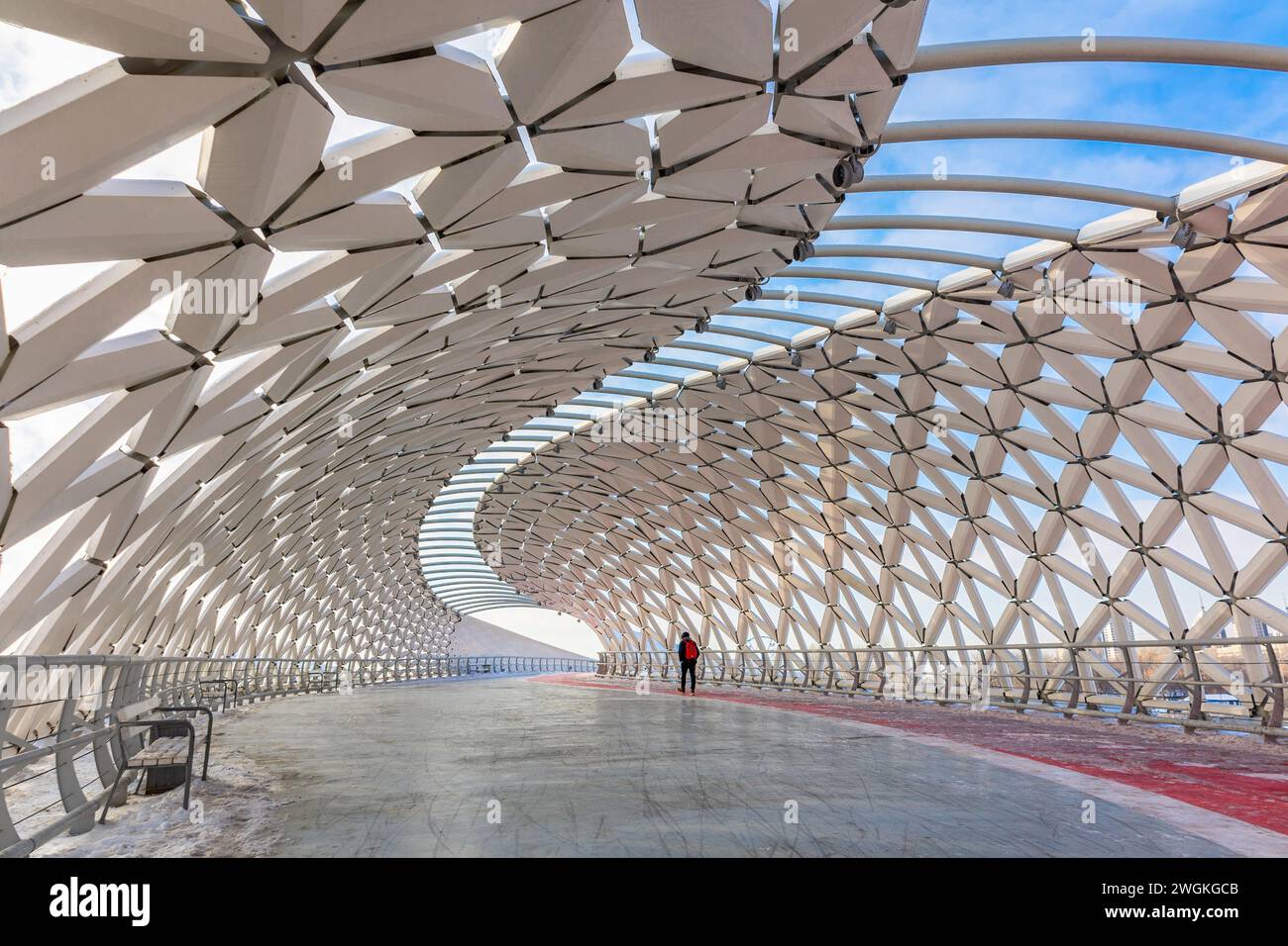 Modern architectural urbanistic Atyrau fish bridge across Ishim river ...
