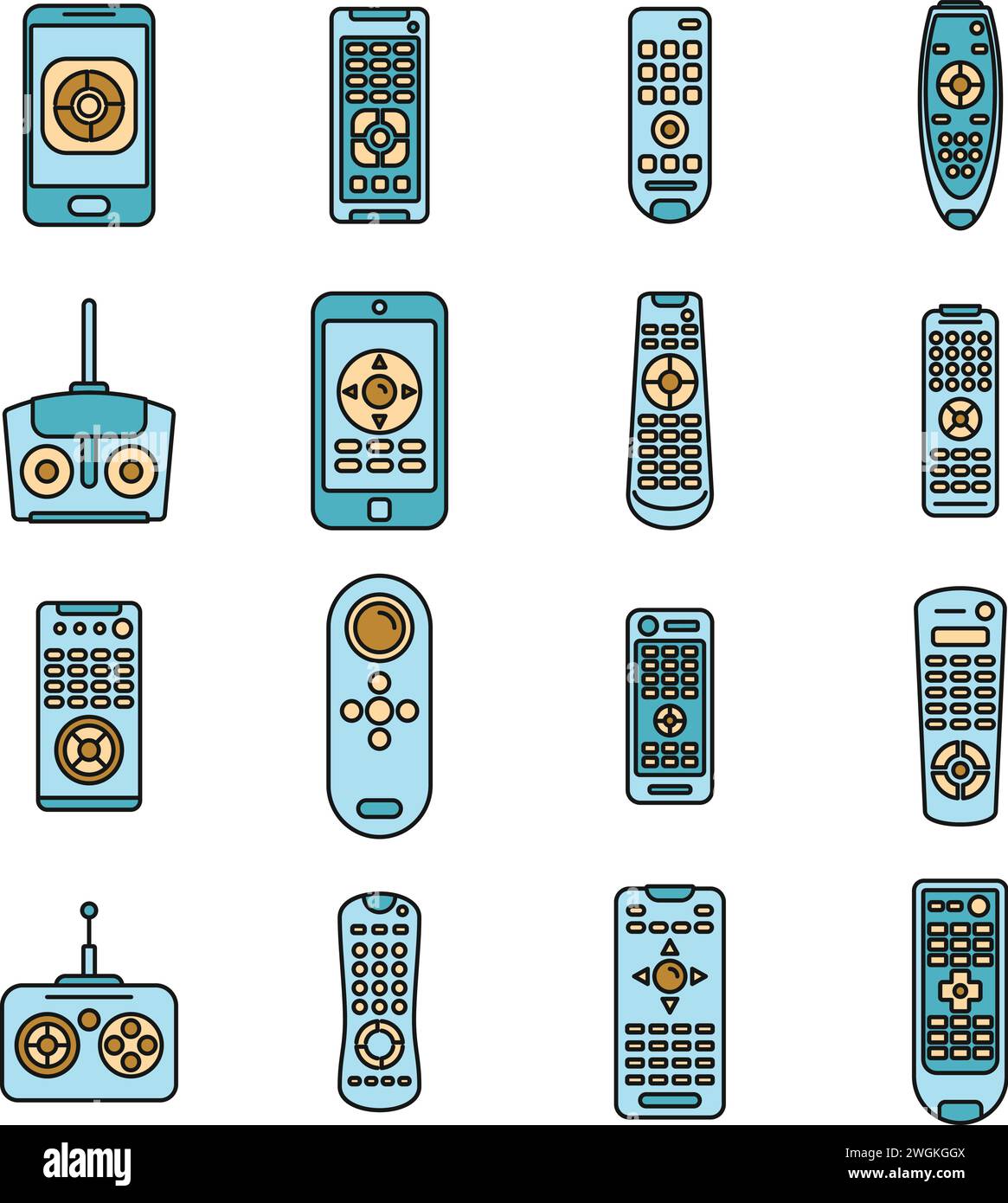Hand remote control icons set. Outline set of hand remote control ...