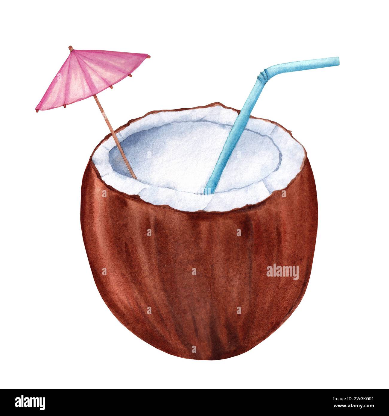 Tropical coconut cocktail. Watercolor hand drawn illustration isolated ...