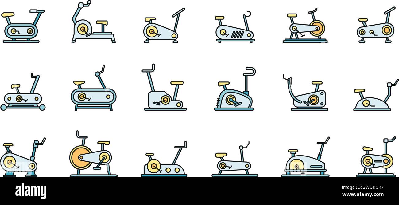 Modern exercise bike icons set. Outline set of modern exercise bike ...