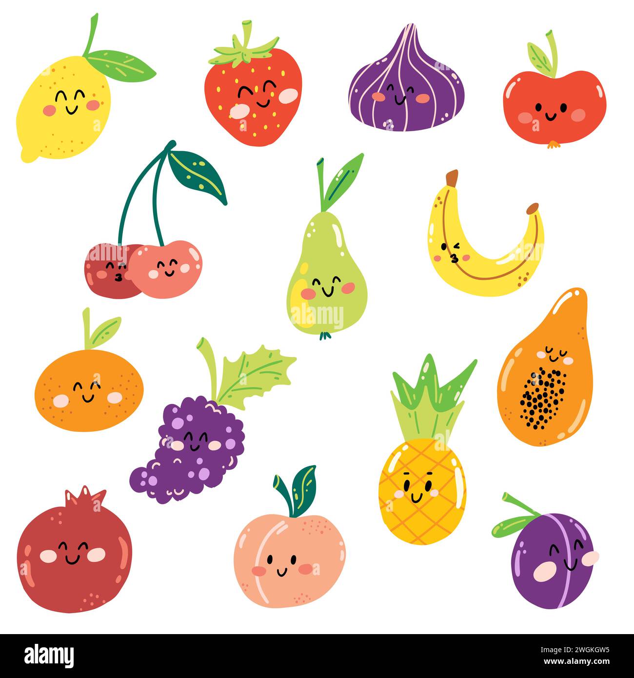 Set of hand drawn fruits in cartoon kawaii style. Cute juicy fruit in ...