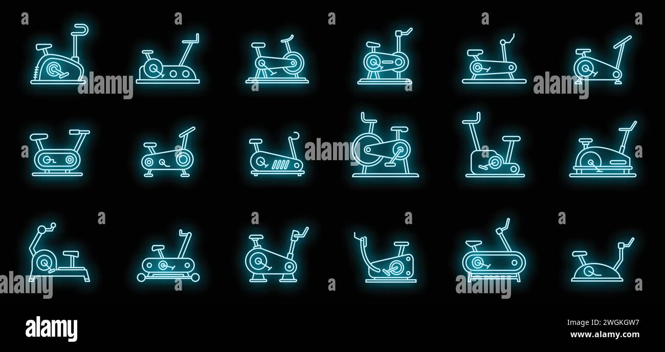 Modern exercise bike icons set. Outline set of modern exercise bike ...