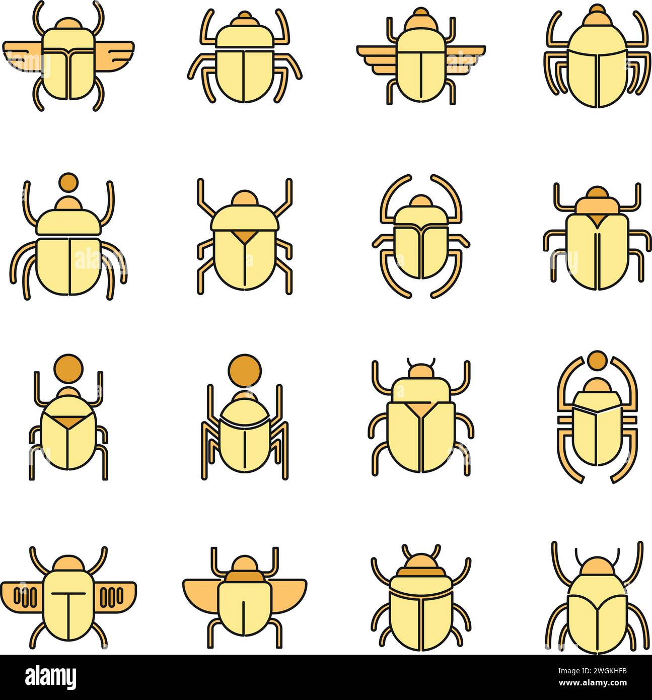 Egypt Scarab beetle icons set. Outline set of Egypt Scarab beetle vector icons thin line color ...