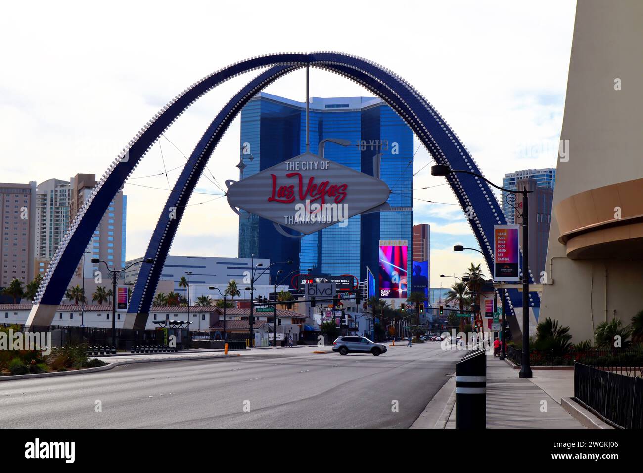 Las Vegas, Nevada: Las Vegas Boulevard Gateway Arches sign in downtown ...