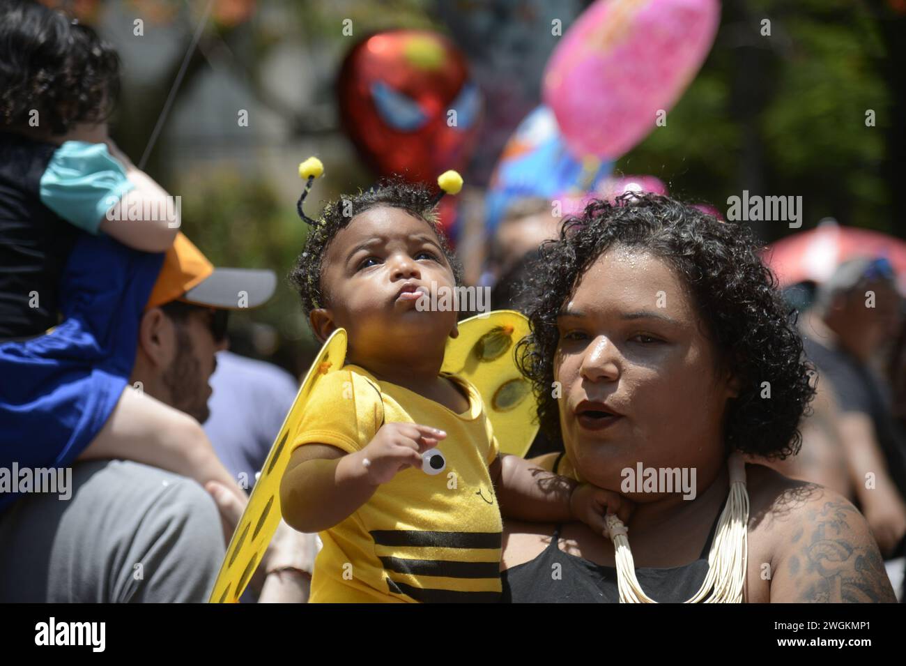 Kids street carnival parade in Rio de Janeiro. Revelers wearing ...