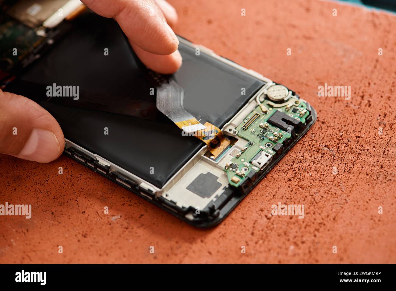 partial view of experienced technician removing battery from cellphone ...