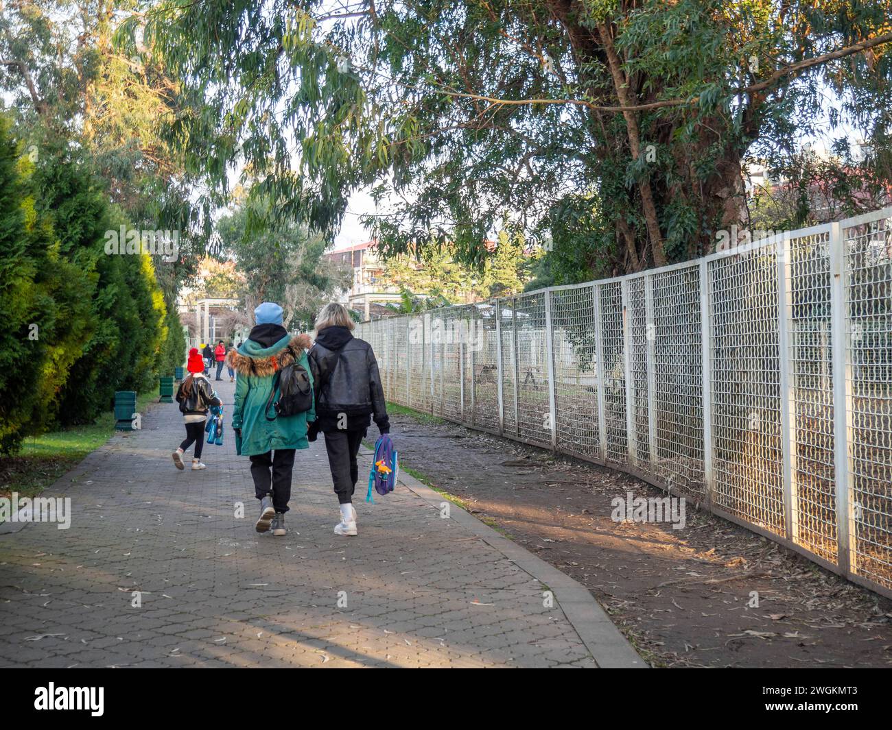 Empty animal enclosure. Outdoor fence at the zoo. Empty cells. Winter ...