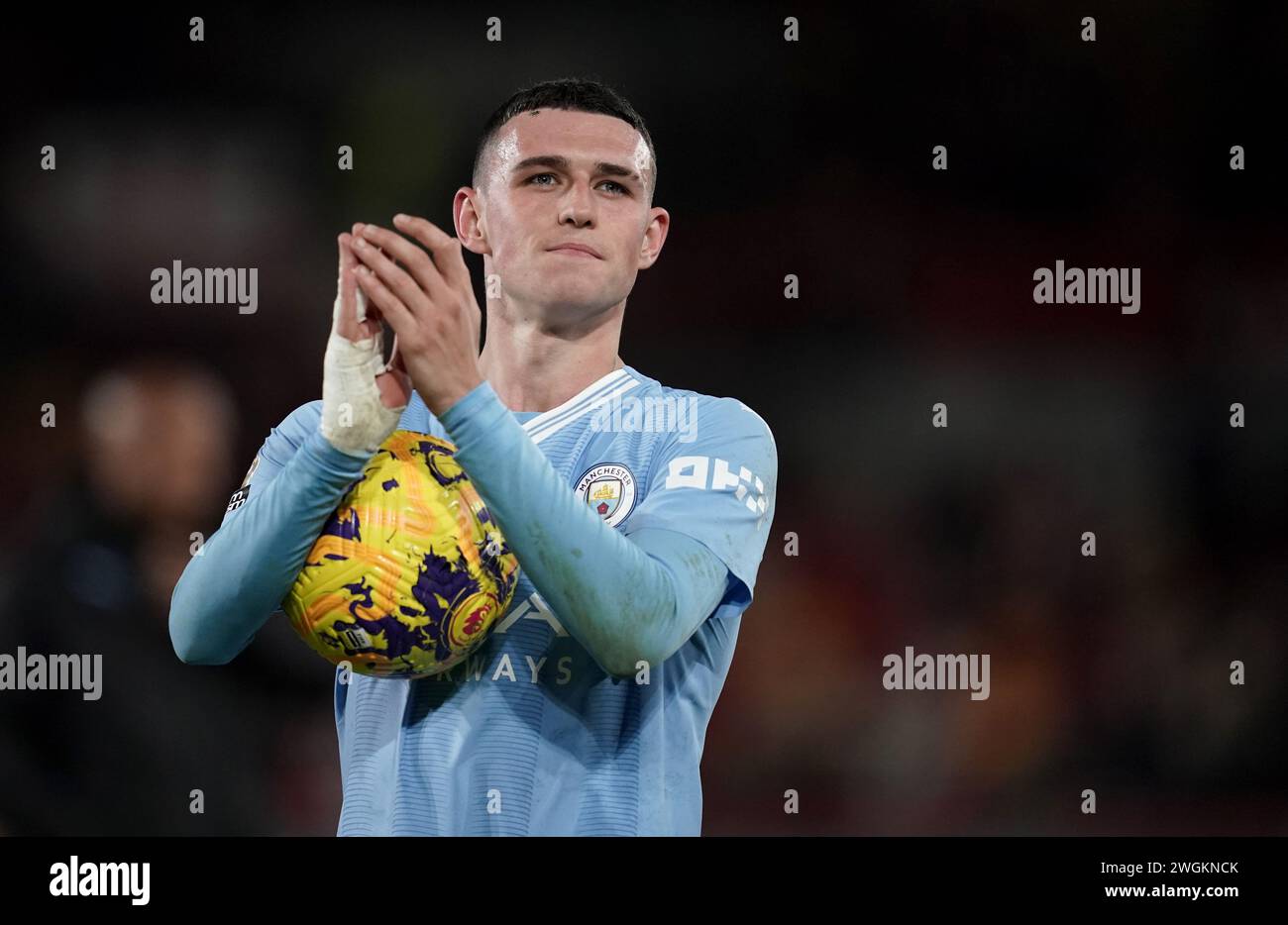 Manchester City's Phil Foden holds the match-ball at full-time ...
