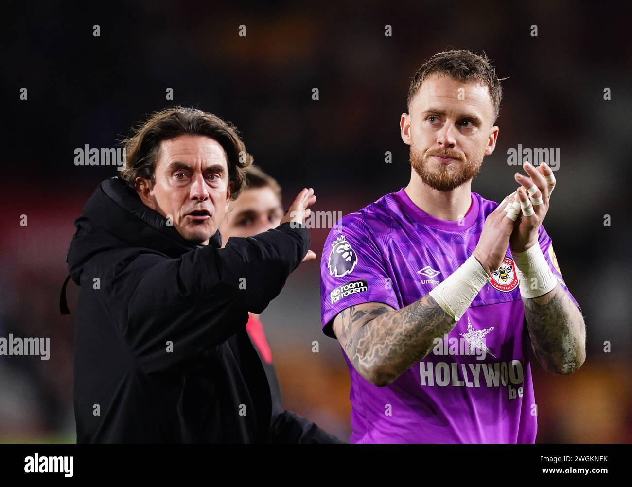 Brentford manager Thomas Frank and goalkeeper Mark Flekken after the ...