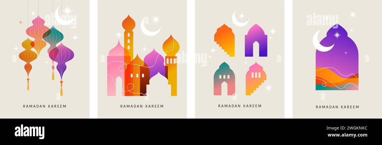 Collection of modern style Ramadan Mubarak colorful designs. Greeting ...