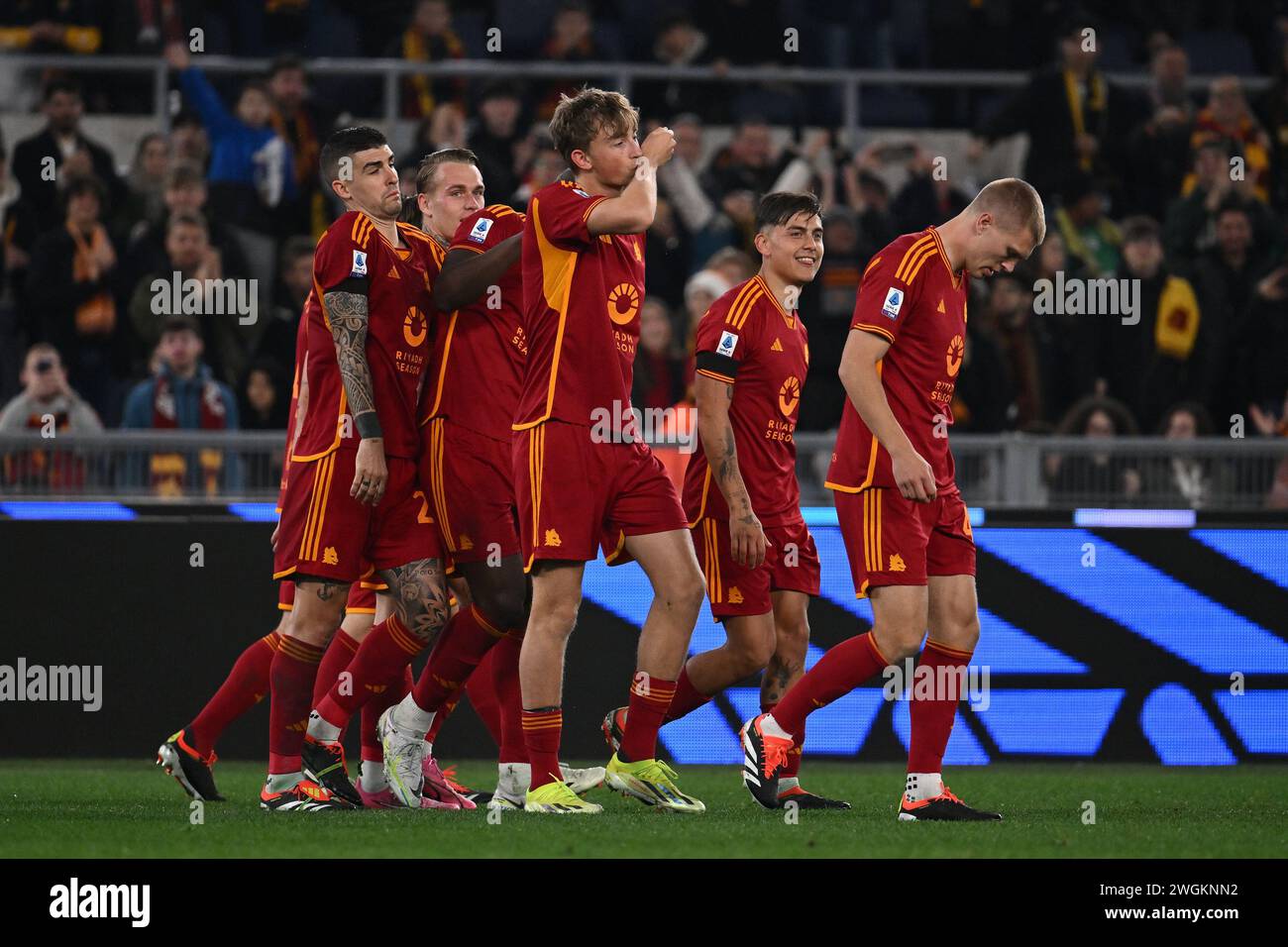 Rome, Italy. 05th Feb, 2024. Dean Huijsen of A.S. Roma celebrates after ...