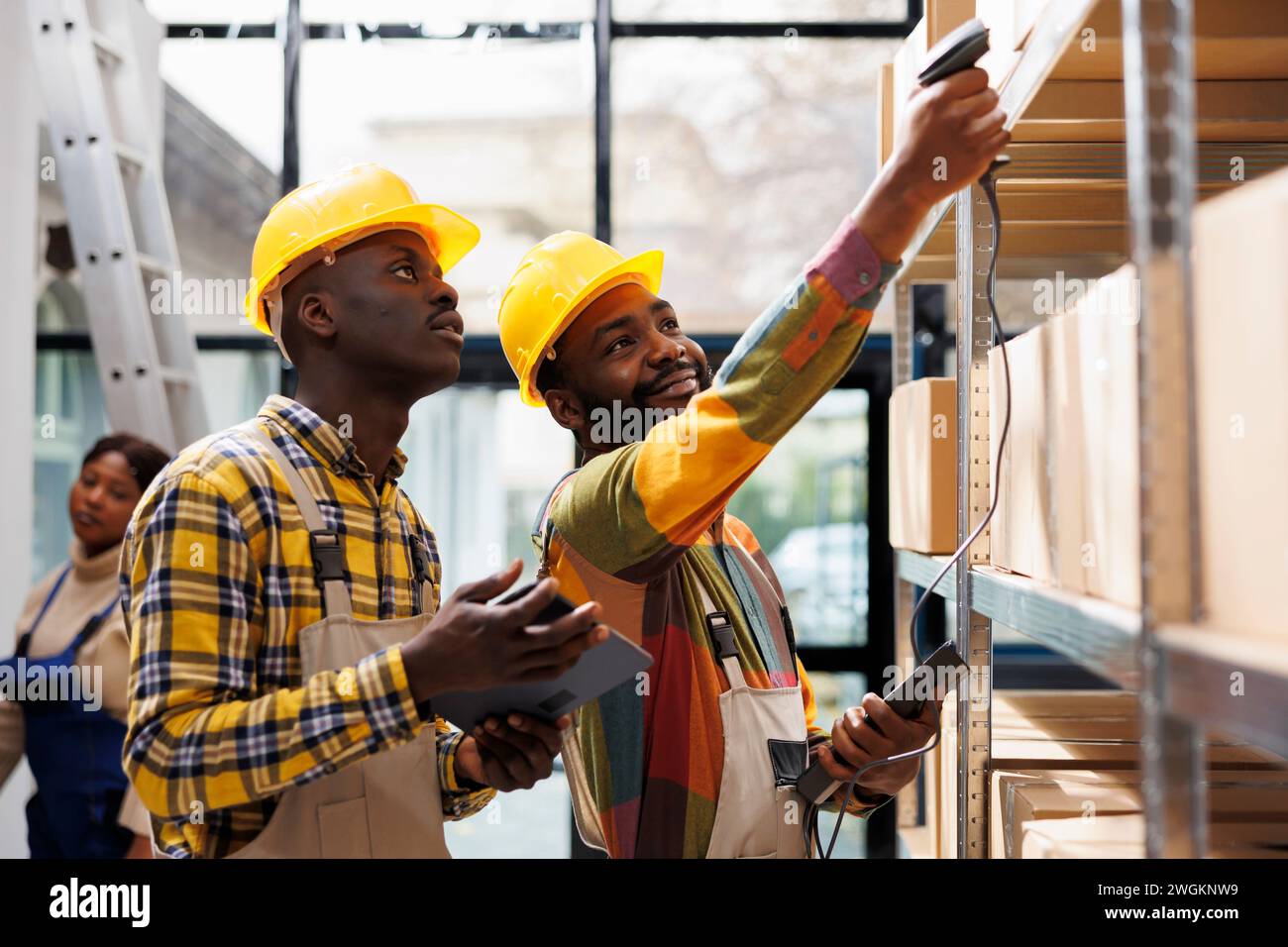 Warehouse smiling colleagues scanning cardboard box barcode and ...