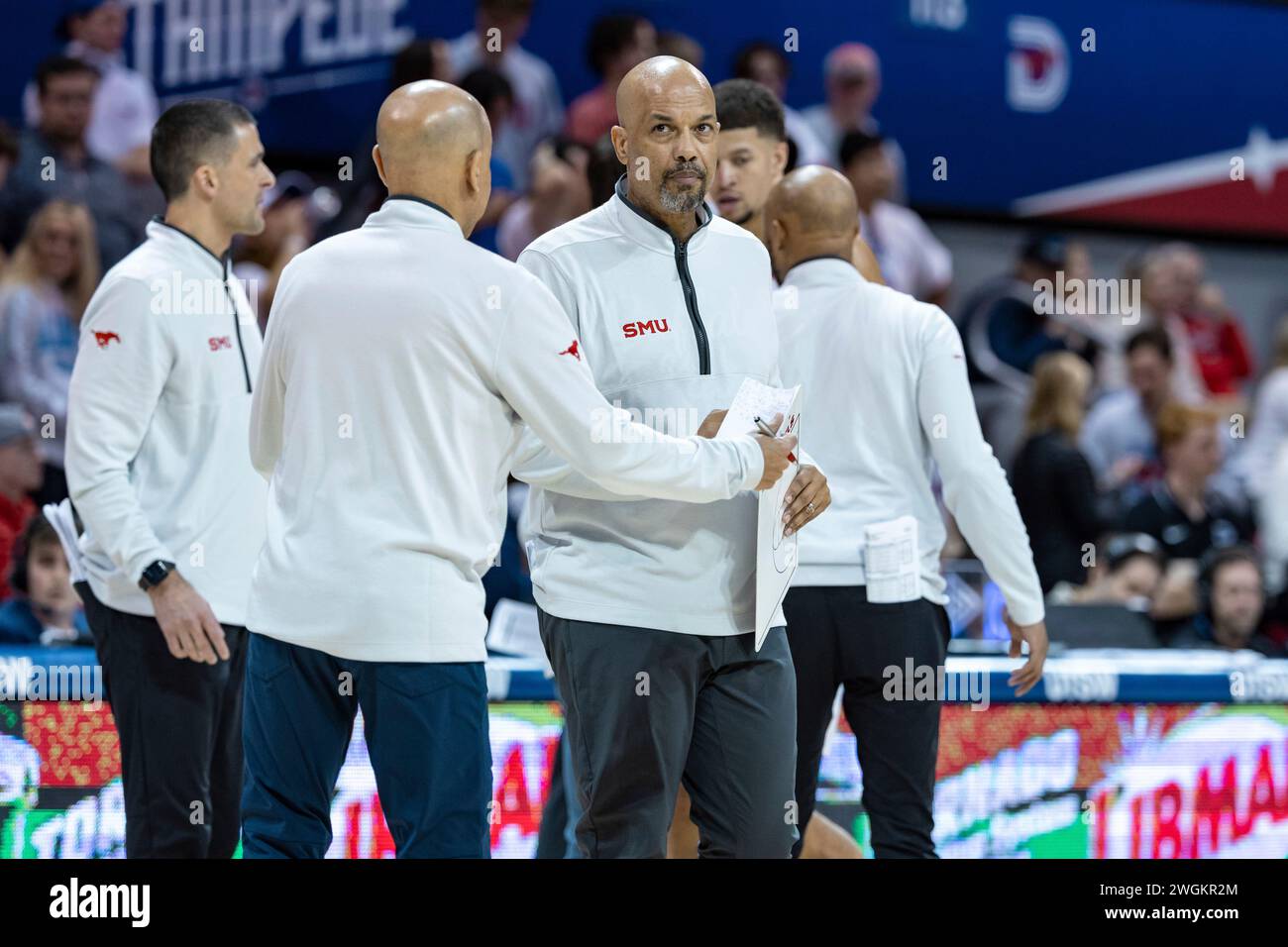 DALLAS, TX - FEBRUARY 04: SMU Mustangs head coach Rob Lanier looks on ...