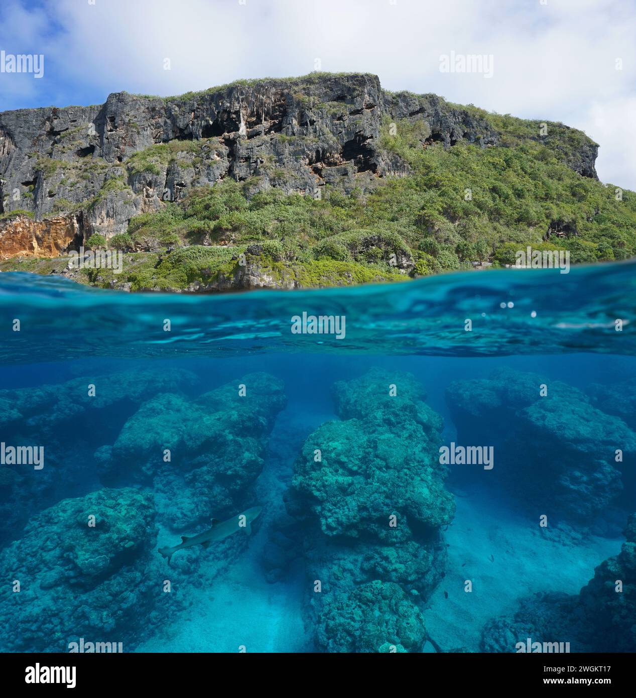 Coastline with cliff and rocky reef eroded by the swell underwater ...