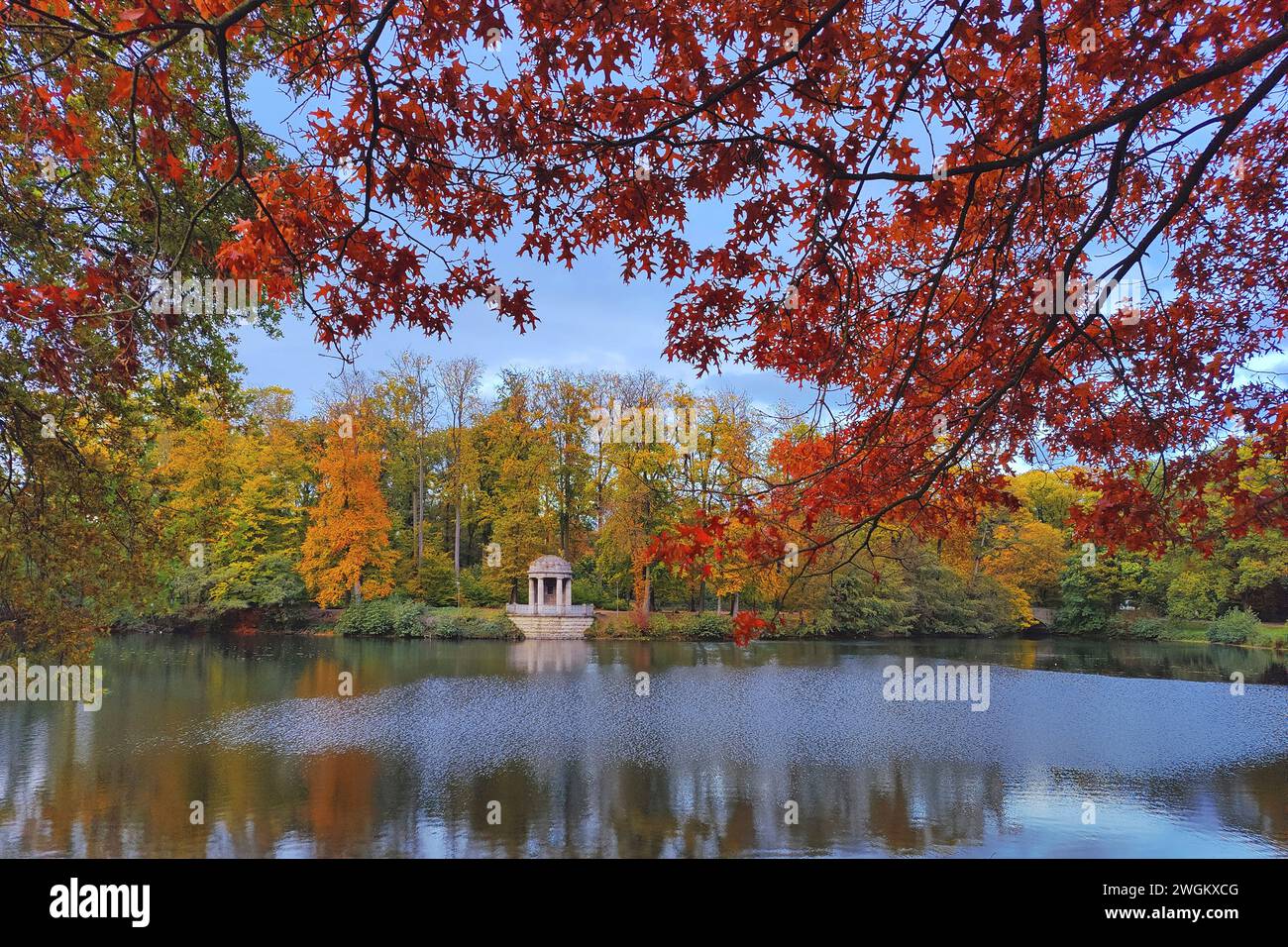 Autumn in the city forest with the Deuss Temple, Germany, North Rhine ...