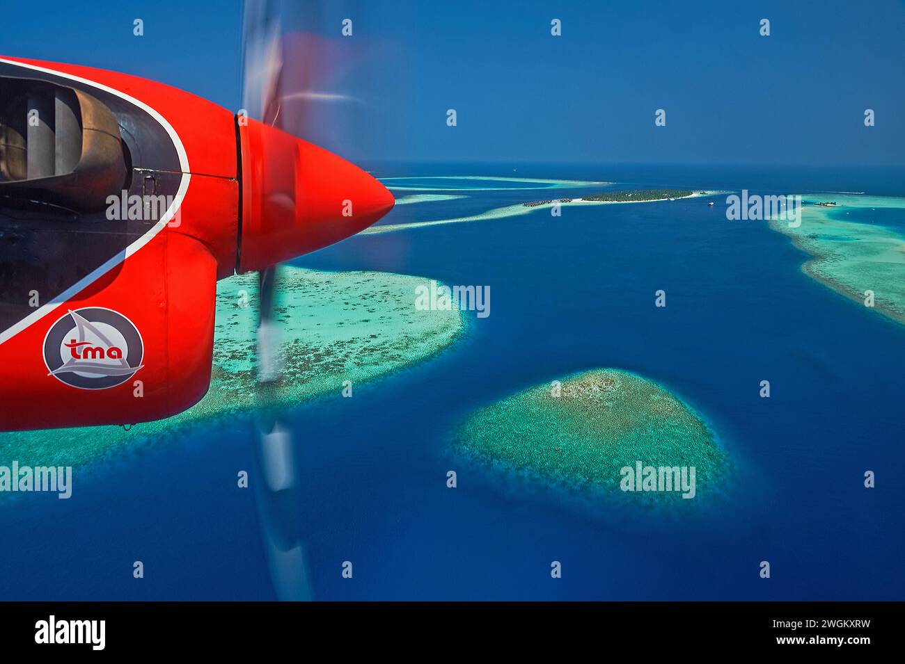 Aerial view of atolls forming part of the Maldives island chain in the ...