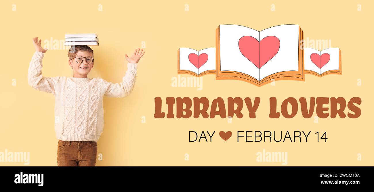 Banner for Library Lovers Day with cute boy and books Stock Photo - Alamy