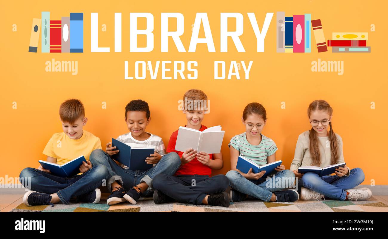 Banner for Library Lovers Day with many cute children reading books ...
