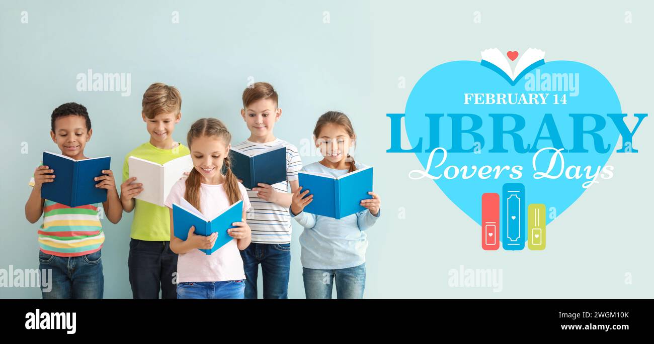 Banner for Library Lovers Day with cute children reading books Stock ...