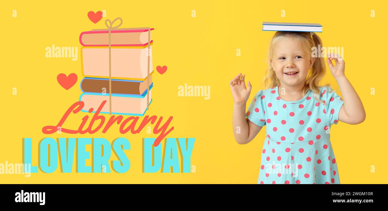 Banner for Library Lovers Day with cute little girl and book Stock ...