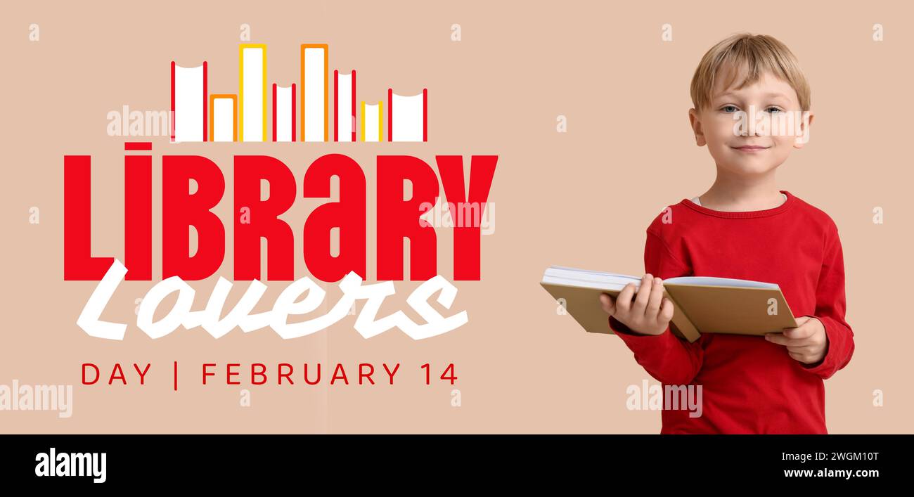 Banner for Library Lovers Day with cute boy reading book Stock Photo ...