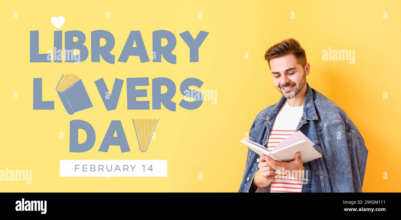 Banner for Library Lovers Day with young man reading book Stock Photo ...