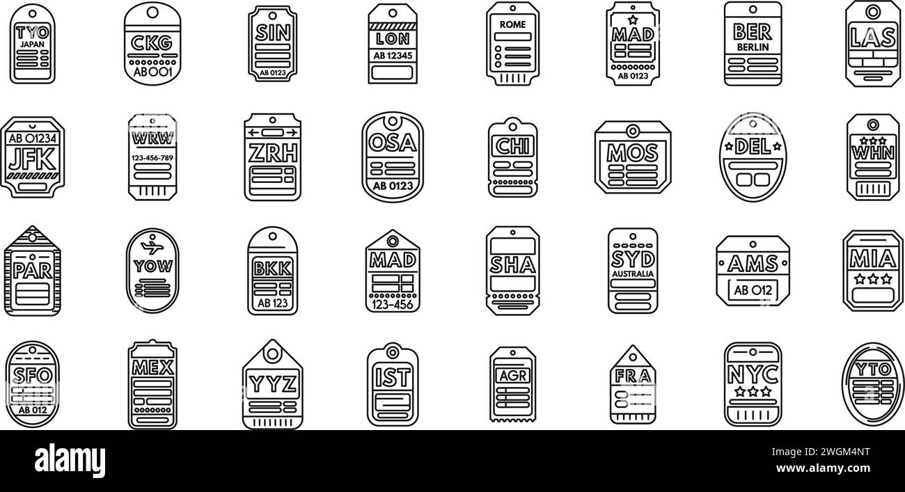 Airport travel tags icons set outline vector. Luggage baggage. Plane ...