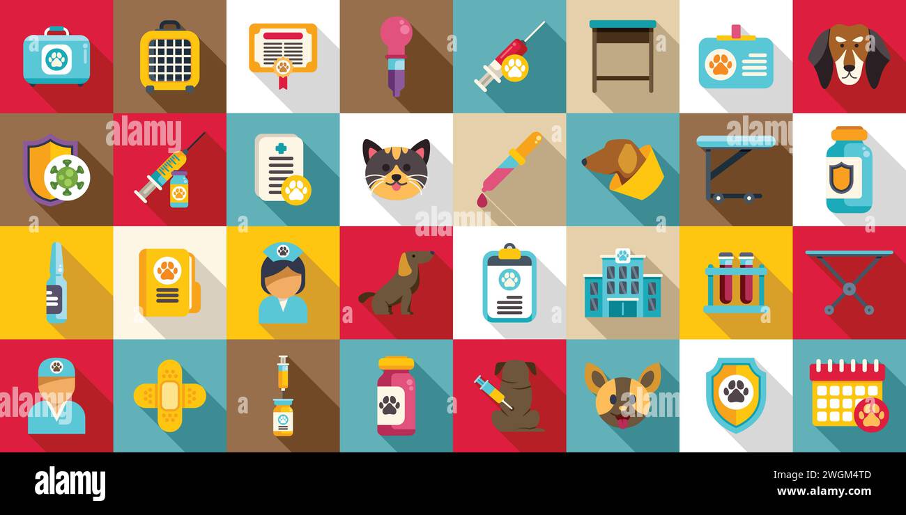 Pet vaccination icons set flat vector. Doctor medical vet. Veterinary ...