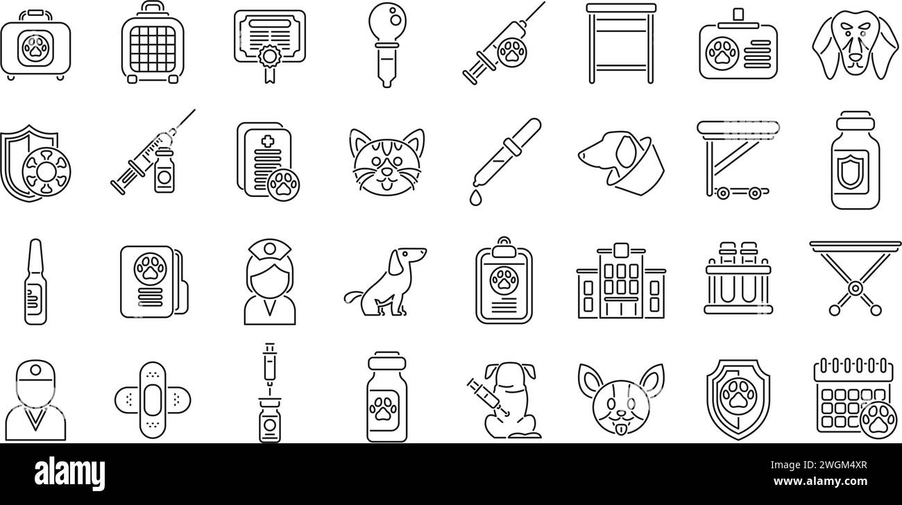 Pet vaccination icons set outline vector. Doctor medical vet. Veterinary puppy Stock Vector ...