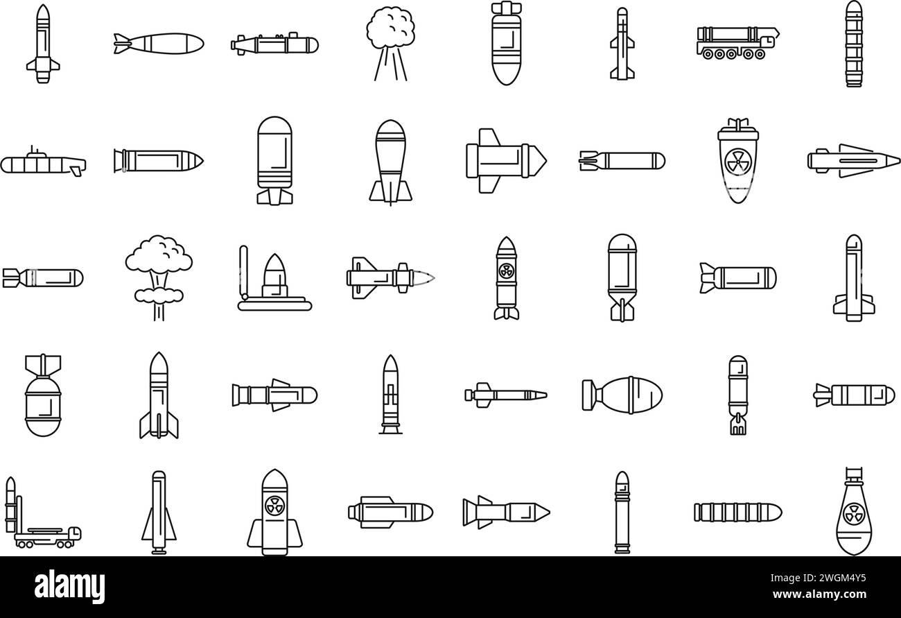 Nuclear weapon icons set outline vector. Military gun army. Atomic bomb ...