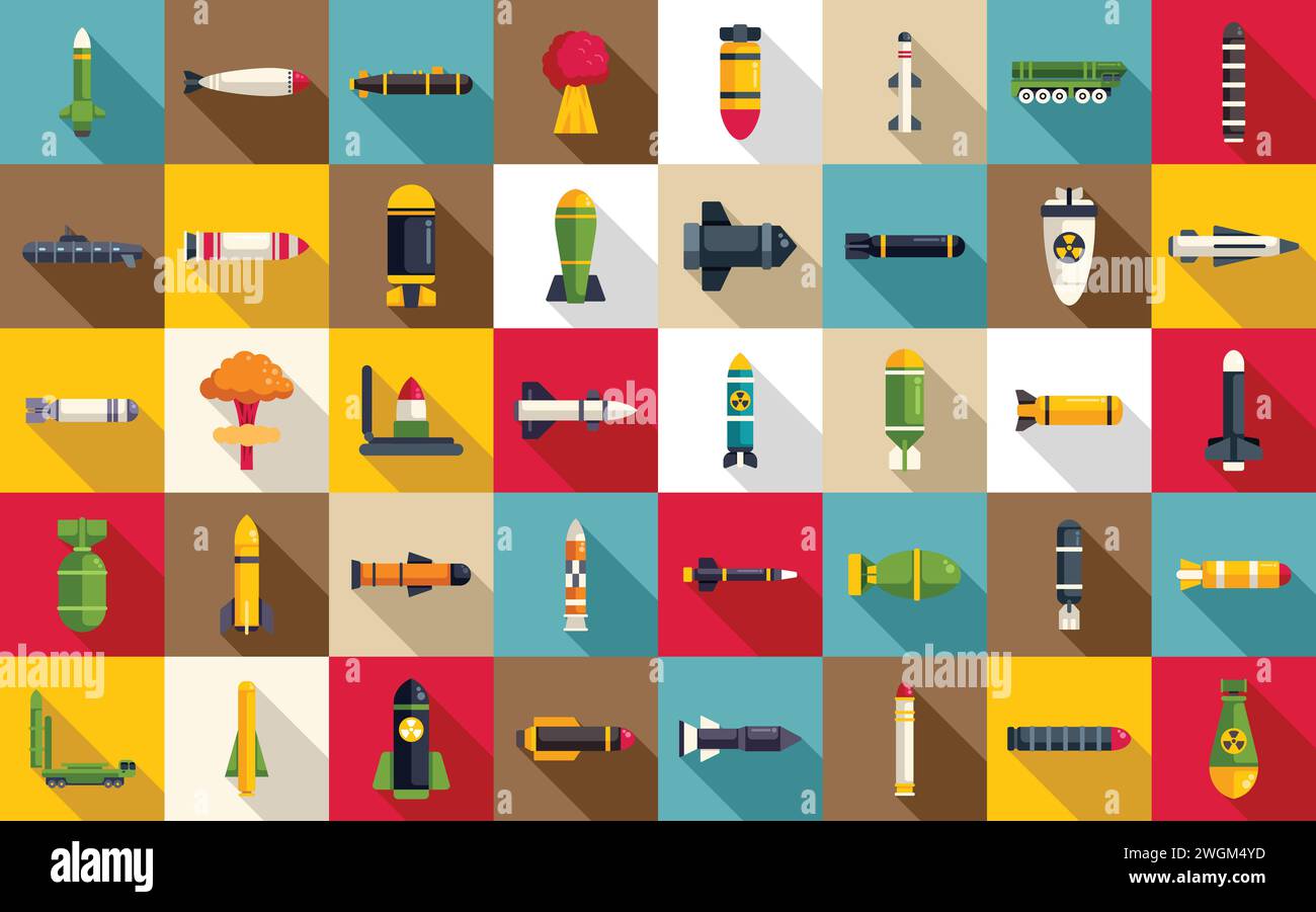 Nuclear weapon icons set flat vector. Military gun army. Atomic bomb ...