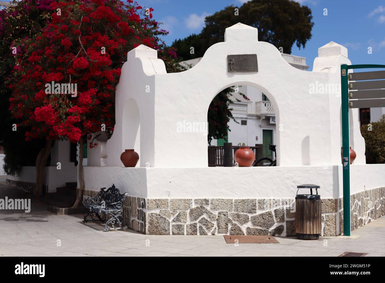 Typical buildings from Teguise, with white houses and blue doors ...