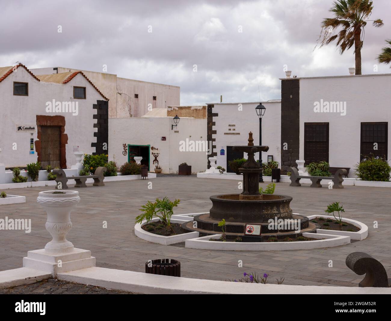 Typical buildings from Teguise, with white houses and blue doors ...