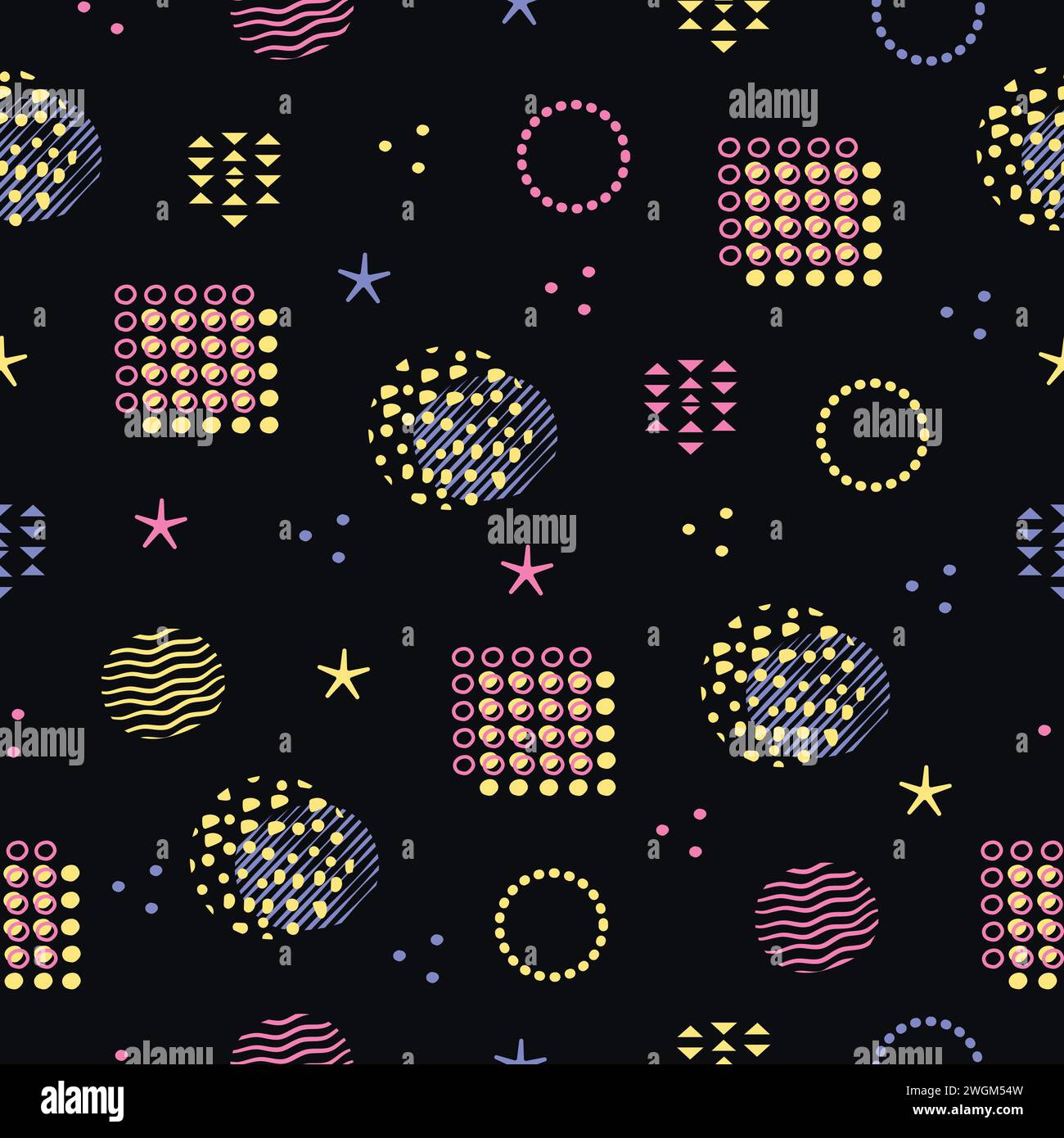 Trendy memphis design seamless pattern, dark background with bright ...
