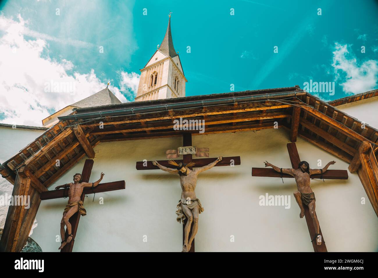 Jesus Christ and martyrs crucifixion on wooden crosses in the Church of St. Leonard.Church of St ...