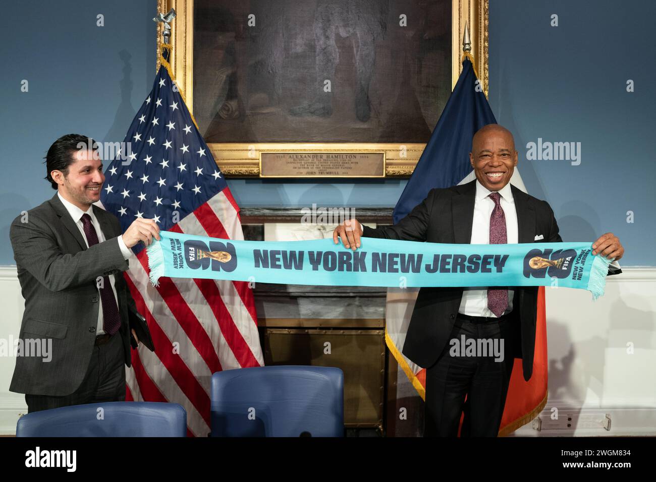 Deputy mayor for communications Fabien Levy and mayor Eric Adams holds ...
